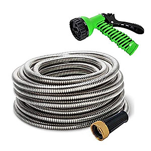 MTB 304 Stainless Steel Garden Hose 50-ft with Spray Nozzle and 3/4” Solid Aluminum Connectors, Metal Water Hose