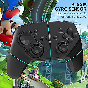 TALK WORKS Bluetooth Game Controller for Nintendo Switch with Dual Motor Vibration, Turbo Function, 6-Axis Gyro Sensor - Customizable Joystick & D-Pad - Includes Premium EVA Case - Black