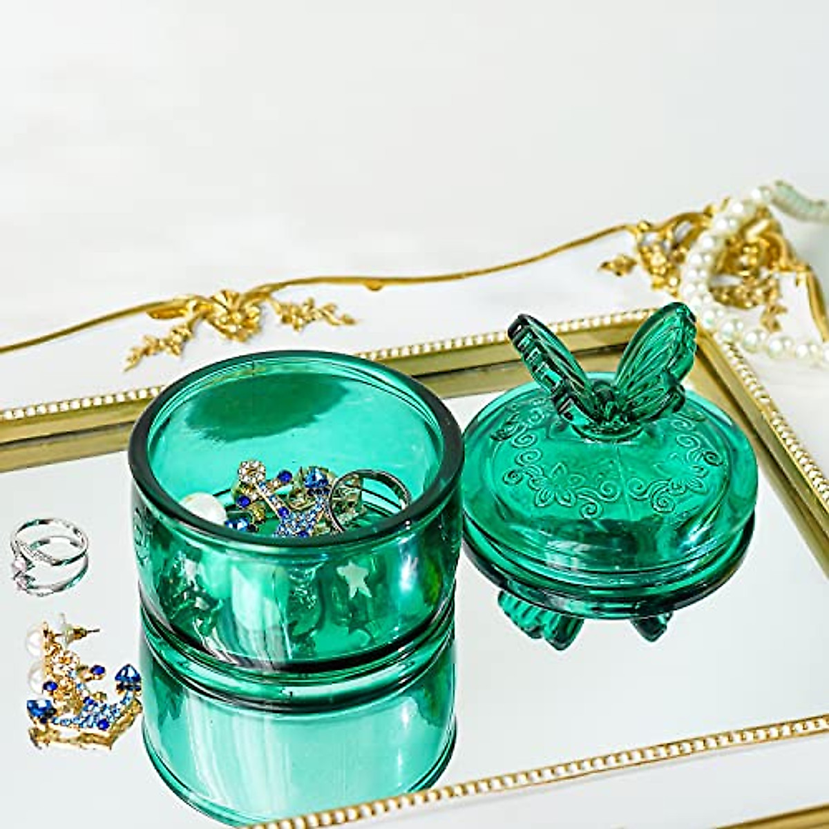 kanpura Green Embossed Glass Jar with Lid,Crystal Glass Candy Dish,Candy Jars Jewelry Box for Wedding Party Buffet, 3.5 oz