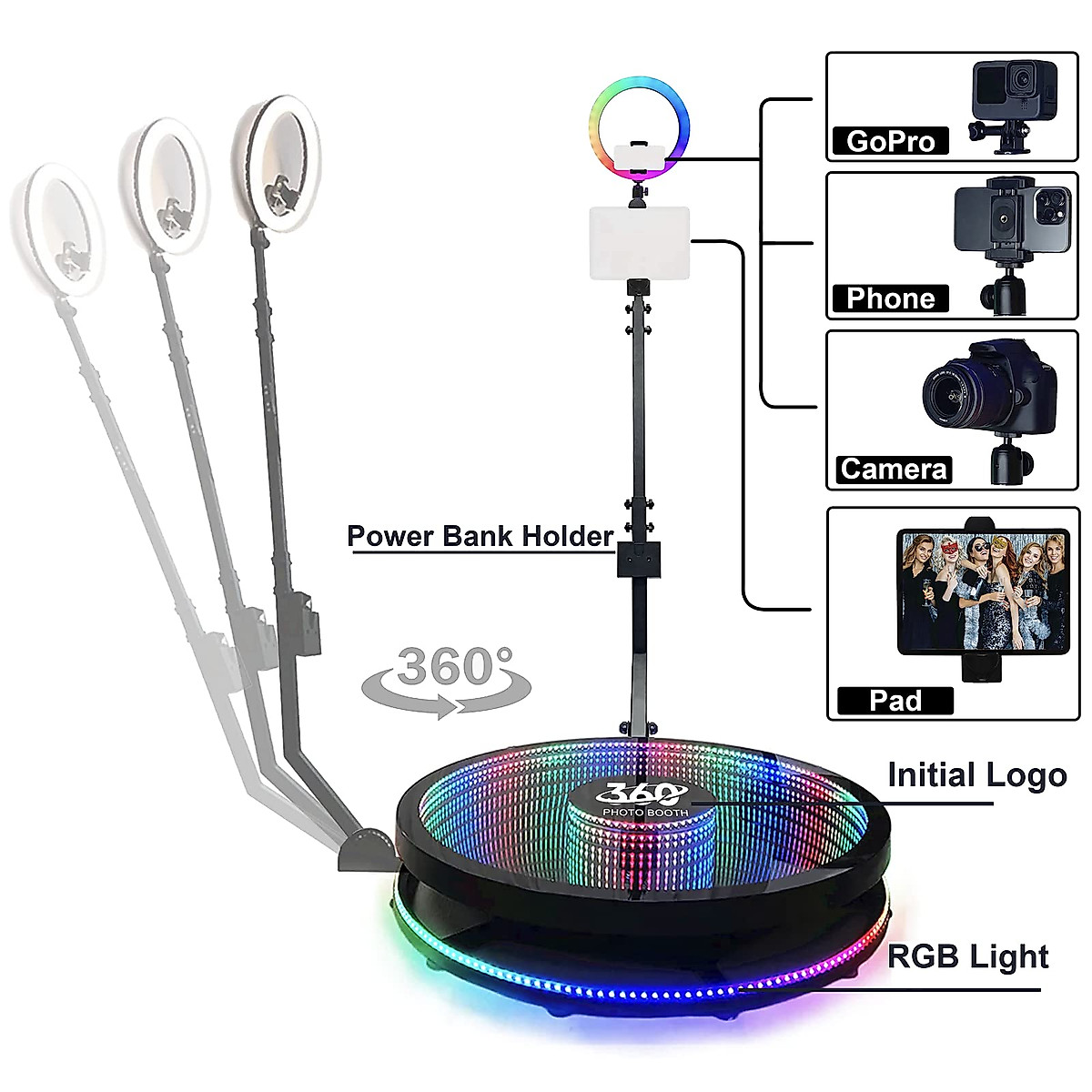 Peepoleck 360 Photo Booth Machine 100cm with Flight Case, Magic Glass 360 Automatic Spin Camera Booth, 5 People Stand on Remote Control Rotating 39.4"