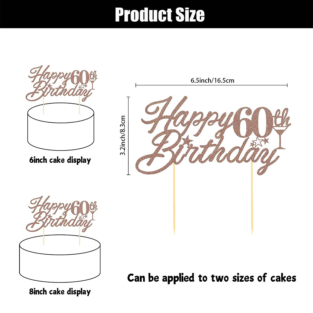 Rose Gold Glitter Happy 60th Birthday Cake Topper, 60th Birthday Cake Topper for Celebrating Sixty Years Old Anniversary/Birthday Party Decorations (6 inch)