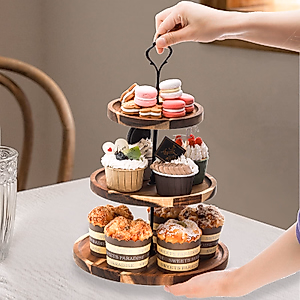 Elsjoy 3 Tier Cupcake Stand, Acacia Wood Dessert Serving Stand, Farmhouse Tiered Cake Stand Cupcake Tower for Wedding, Birthday, Tea Party, Black Crown
