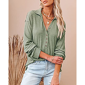 BTFBM Women Casual Button Down V Neck Blouses Long Sleeve Solid Color Stand Collar Knitted Fall Tops Cute Relaxed Fit Shirts(Solid Light Green, Small)