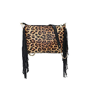 Leopard Print Purse Fringe Clutch Tassel Cheetah Women Wristlet Crossbody Envelope Evening Chain Bag