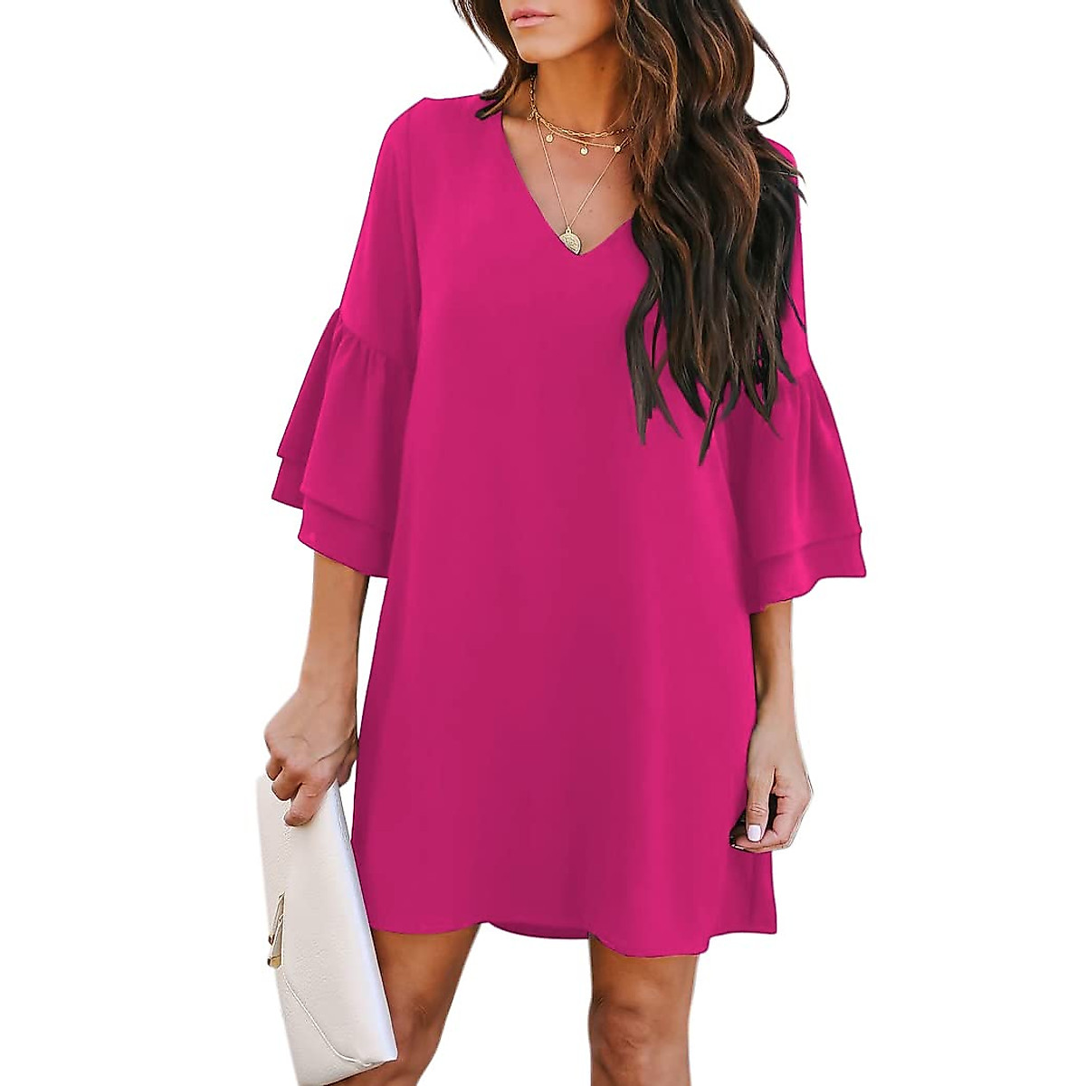 BELONGSCI Women's 2023 Summer Dress Sweet & Cute V-Neck Bell Sleeve Shift Dress Mini Dress, Perfect for Wedding or Graduation