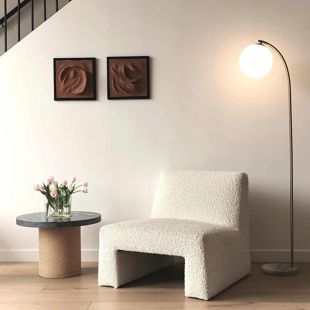 Brightech Luna Drop LED Floor Lamp, Frosted Glass Globe Arcing Living Room Lamp, Mid-Century Modern Standing Lamp for Living Rooms, Boho Rustic Indoor Tall Lamp for Bedrooms & Offices - Brass