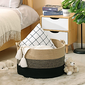 KAKAMAY Large Blanket Basket,Woven Baby Laundry Hamper for Storage, Cotton Rope Blankets Baskets for Nursery, Laundry, Living Room, Pillows, Baby Toy Chest with Handles (Black)