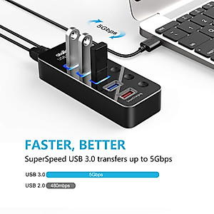 Powered USB Hub, atolla Aluminum 5-Port USB 3.0 Hub with 4 USB 3.0 Data Ports and 1 USB Smart Charging Port, USB Splitter with 5V/3A Power Adapter and Individual Switches