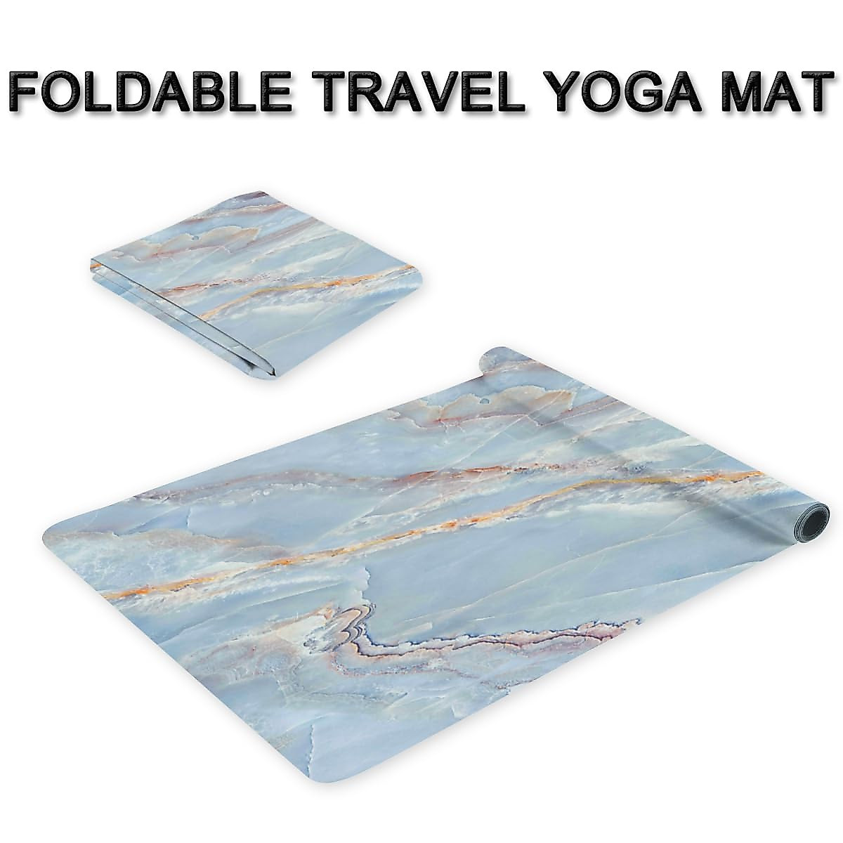 Marble Pattern Waves Yoga Mat Folding Travel Fitness & Exercise Mat with Carrying Bag Non-Slip Lightweight Travel Yoga Mat for Women Pilates 72"L × 26.8” W × 2 Mm Thick