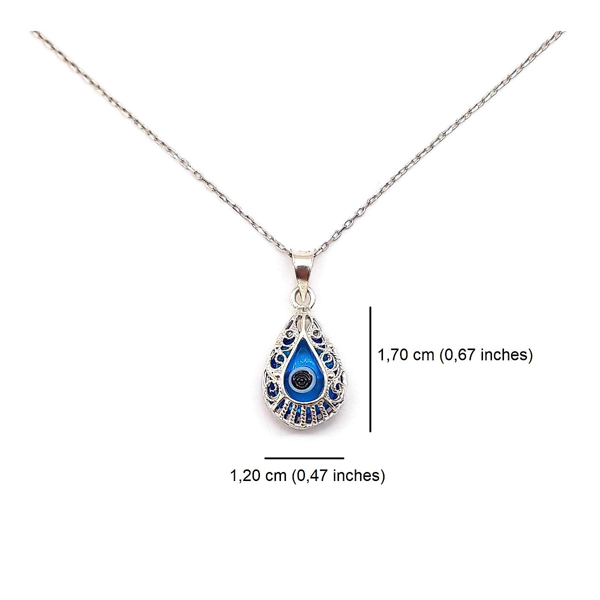 MYSTIC JEWELS By Dalia - 925 Sterling Silver Glass Evil Eye Drop Shape Filigree Pendant with Silver Chain