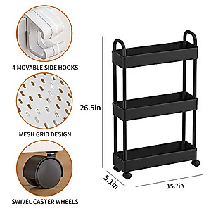 AntDesign Slim Storage Cart, 3-Tier Organizers Mobile Shelving Unit Utility Cart Tower Rack for Bathroom Laundry Narrow Places (Black)