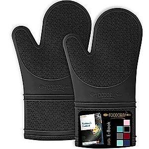 Foodobay Silicone Oven Mitts - 12.5” Jet Black Oven Mitts Heat Resistant 500F - Grippy Design,Soft Lining Silicone Oven Gloves - Oven Mits Set for Cooking Baking Kitchen Mittens Pot Holders Set of 2