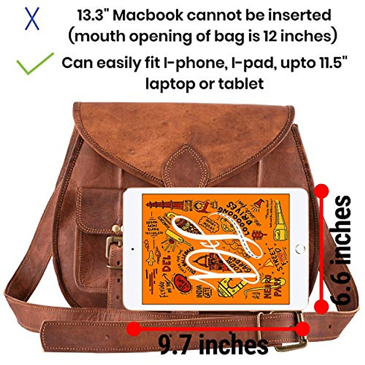 HB Handmade Crossbody Shoulder Bag Women Vintage Style Genuine Leather Purse 14" x 10"