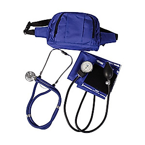 MABIS MatchMates Aneroid Sphygmomanometer Manual Blood Pressure Monitor Fanny Pack Kit with Calibrated Adult Nylon Arm Cuff and Sprague Rappaport Stethoscope, Professional Quality, Royal Blue