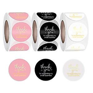 Zamy Thank You Stickers, 3 Rolls 1500 Pieces Self-Adhesive Thank You for Supporting My Small Business Stickers for Envelopes, Bubble Mailers and Gift Bags Packaging, 1 Inch, 500 Pieces Each Roll