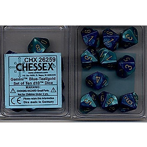 Chessex Dice d10 Sets: Gemini Blue / Teal with Gold - Ten Sided Die (10)