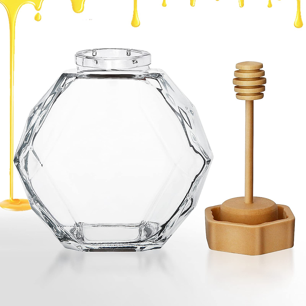 Bfttlity Honey Pot Jar Hexagon Shape Honey Pot Container 380ml Glass Honey Jar with Dipper and Lid Cover for Home Kitchen (Wooden lid)