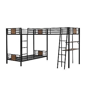 Cotoala Metal Triple Bunk Bed with Desk and Shelf, L-Shaped Bunkbed Attached Twin Size Loft Bedframe, for 3 Kids/Teens/Adults, Brown