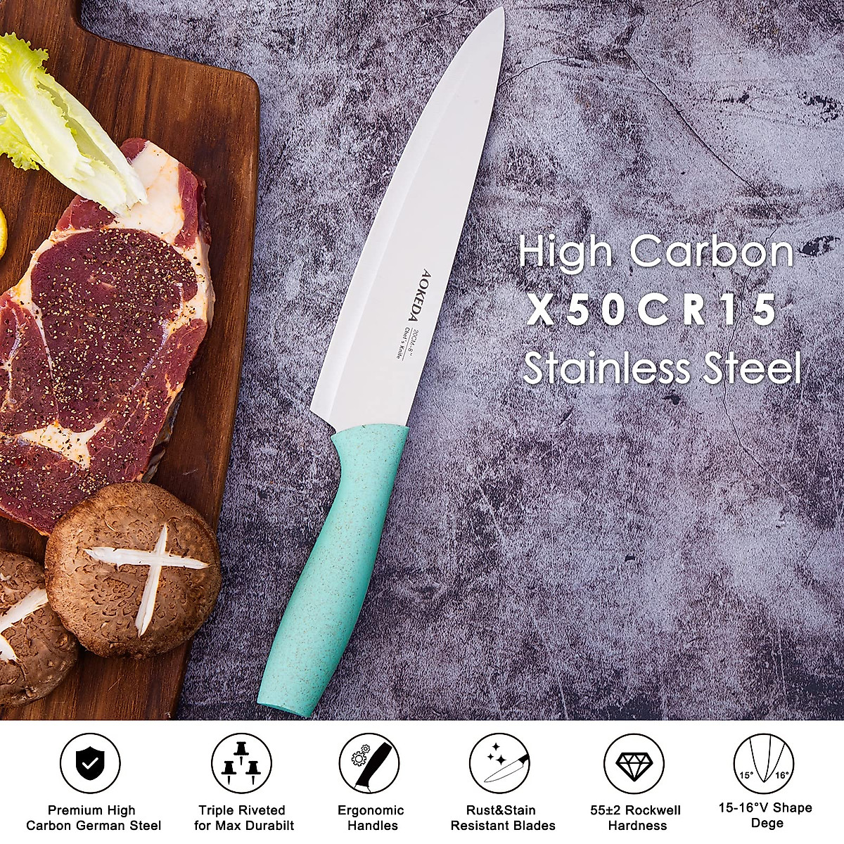 AOKEDA 15pcs Kitchen Knife Set with Block, Sharpener and Scissor, Stainless Steel Knives with Extre-light Straw Handle (Mint Green)