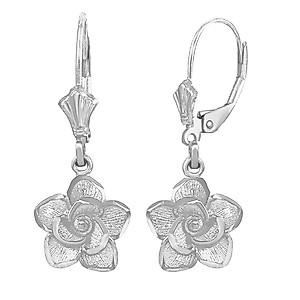 Beautiful 14k White Gold Rose Flower Leverback Earrings