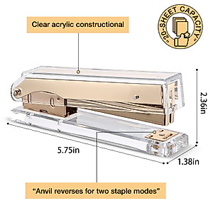 EXPUTRAN Acrylic Stapler,Clear and Gold-Tone Hardware, Beautiful Desk Accessory for Office Home or School,Takes Standard 24/6 or 26/6 Staples