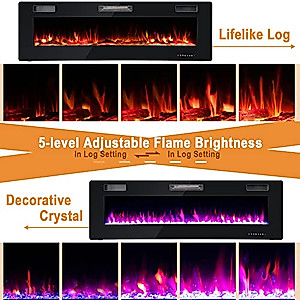 COSTWAY 60 Inches Ultra-thin Electric Fireplace, 750W/1500W Recessed & Wall Mounted Electric Fireplace with Remote Control, Timer, Log & Decorative Crystals, Adjustable Flame Color, Brightness, Speed 