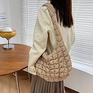 Rejolly Puffer Quilted Shoulder Bag for Women Puffy Bubble Tote Bag Lightweight Nylon Handbag Padded Soft Purse Khaki