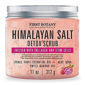 Himalayan Salt Body Scrub with Collagen and Stem Cells - Natural Exfoliating Salt Scrub & Body and Face Souffle helps with Moisturizing Skin, Acne, Cellulite, Dead Skin Scars, Wrinkles (11 oz)