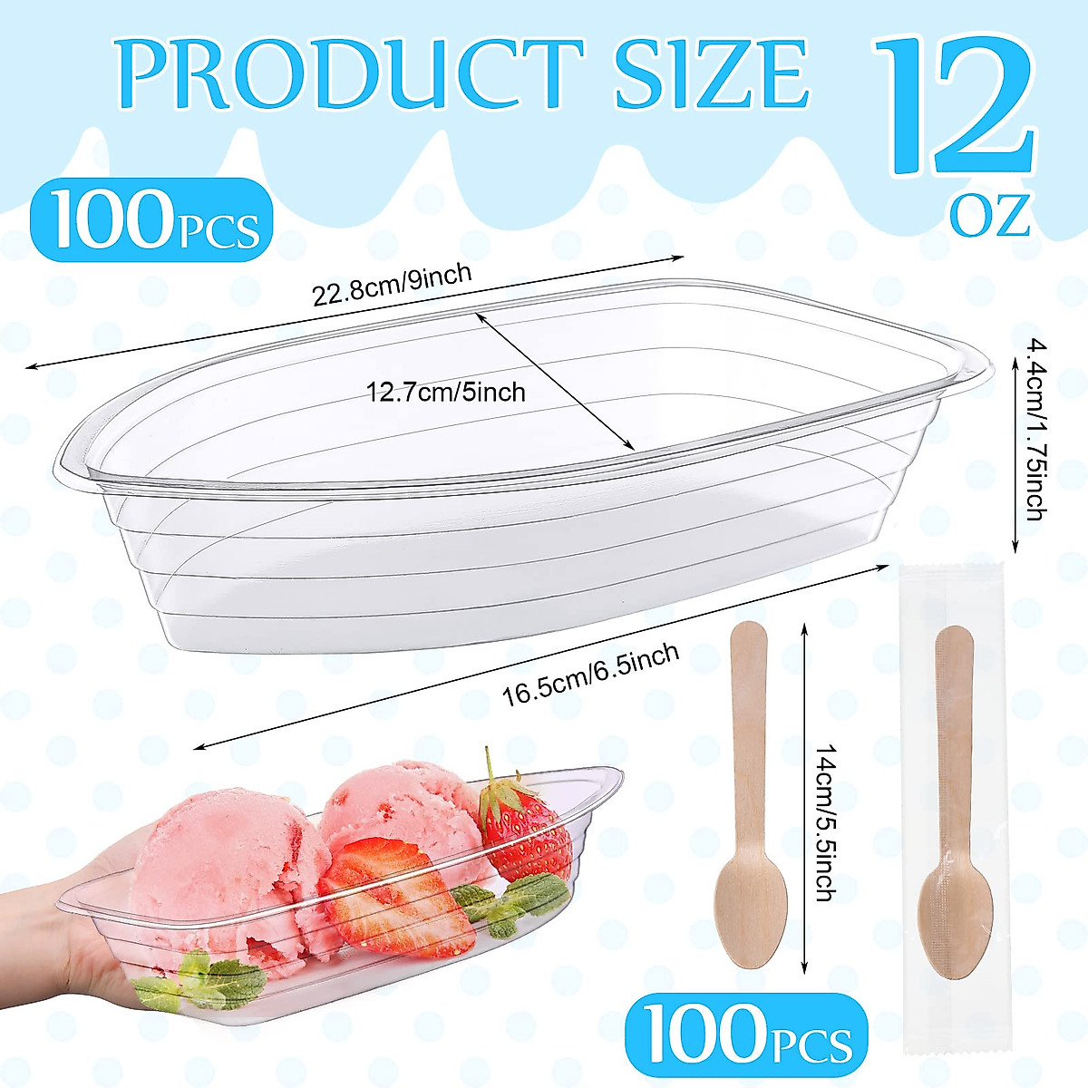 Meanplan 100 Sets Banana Split Boats 100pc 12 oz Ice Cream Sundae Bowls with 100 Wooden Spoons Disposable Clear Plastic Banana Split Bowls Dessert Splits Bowl Tray for Dessert Kids Birthday Party Dish