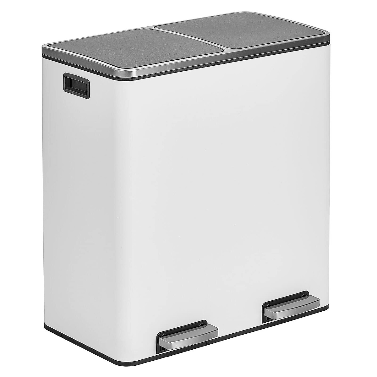 mDesign Metal Steel 16 Gallon/60-Liter, Large Dual Compartment Step Trash Can; Double Bin Trash Can/Recycler Combo for Kitchen; Holds Garbage, Recycling; Features Two Removable Liner Buckets - White