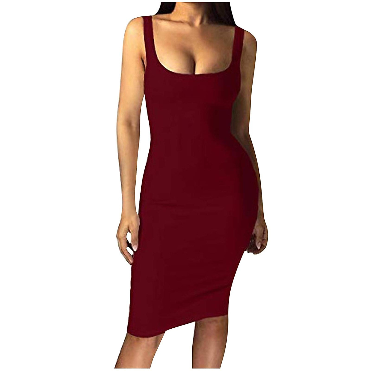 Padaleks Women's Summer Sexy Basic Sleeveless Tank Top Bodycon Dress Party Club Mini Dresses Knee Length