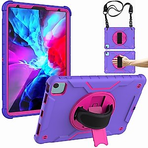Kids Case for 10.9-inch iPad Air 5th/4th Generation (2022/2020)/iPad Pro 11-inch (2020/2018) with Built-in Screen Protector, 360° Rotating Stand, Hand Strap & Three Layer Cover (Purple + Hot Pink)