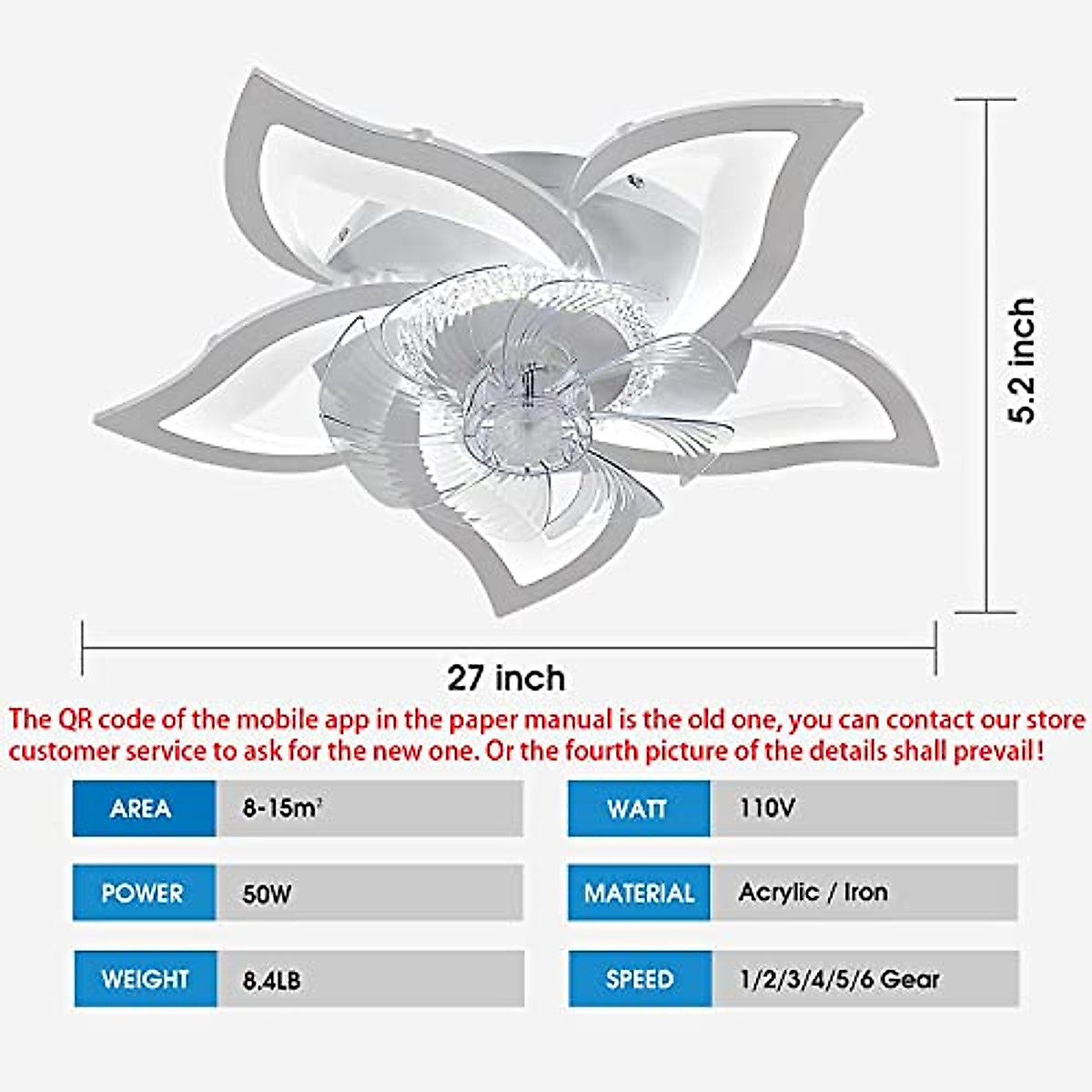 AHAWILL Modern Low Profile Ceiling Fan with Lights,110v Dimmable Flower Ceiling Light Fan with Remote Control/app Control,Timing 6 Gear Speeds Fan Suitable for Bedroom,Living Room,and etc.（White）