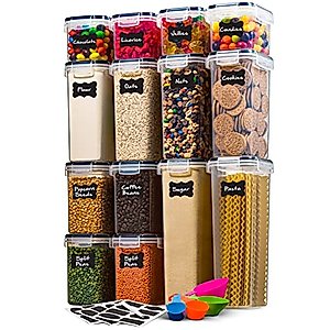 14 Pack Airtight Food Storage Container Set - BPA Free Clear Plastic Kitchen and Pantry Organization Canisters with Durable Lids for Cereal, Dry Food Flour & Sugar - Labels, Marker & Spoon Set