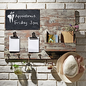MyGift Torched Wood Wall Mounted Entryway Key Hook Rack, All-in-One Organizer with Chalkboard, Memo Clips, Mail Sorter and Hanging Hooks