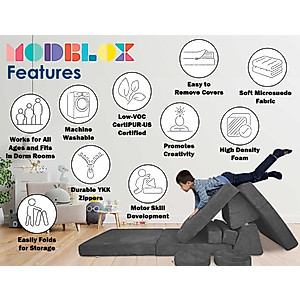 Mod Blox 10 Piece Soft Modular Kids Play Couch for Boys and Girls ｜ Child Sectional Fort Building Sofa for Toddlers Playroom with Microsuede Covers + High Density Convertible Foam Cushions (Dark Gray)