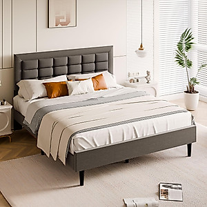 SUNLEI Bed Frame with Square Stitched Button Tufted Headboard, Queen Upholstered Platform Bed with 12" Storage Space & Linen Fabric, Solid Wood Slats Support, No Box Spring Needed, Grey