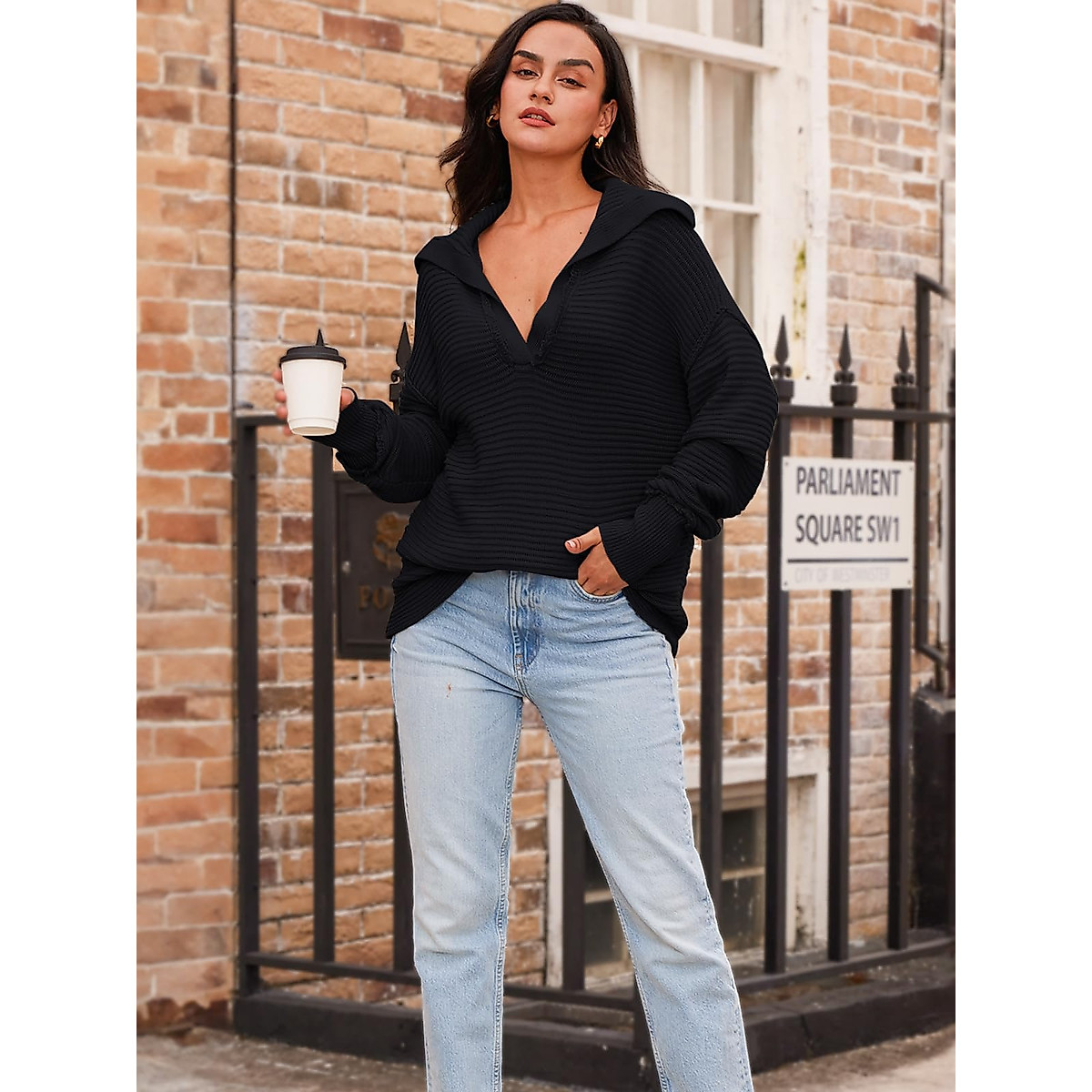 LILLUSORY Womens V Neck Oversized Sweaters Long Batwing Sleeve Asymmetrical Knit Pullover Fall Fashion 2025 Black M