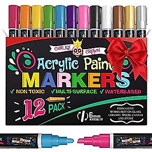 CHALKY CROWN Acrylic Paint Markers - Acrylic Paint Pens for Rock Painting, Stone, Ceramic, Glass, Wood, Canvas - Reversible Tip Paint Pens- 6mm (12 Pack)