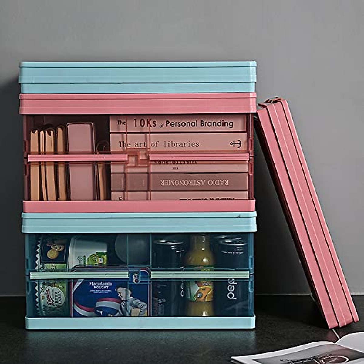 MEDOXI 2 Pack Clear Plastic Collapsible Storage Bin Tote Organizing Container with Durable Lid and Secure Latching Buckles, Storage Box with Handle, 5 Qt, 2 Count