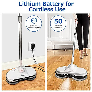Cordless Electric Mop for Floor Cleaning, AlfaBot WS-24 Electric Spin Mop with Water Sprayer and LED Headlight, Lightweight & Rechargeable Scrubber for Hardwood Tile & Laminate Floors