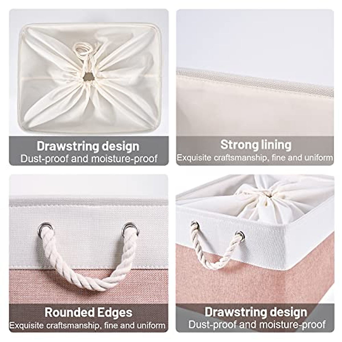 HOdo Home Fabric Storage Bin with Drawstring Closure and 2 Bold Handles, Collapsible Large Canvas Storage Baskets for Organizing Shelf Nursery Home Closet (White&Pink, 15.8L×11.8W×9.5H - 3Pack)