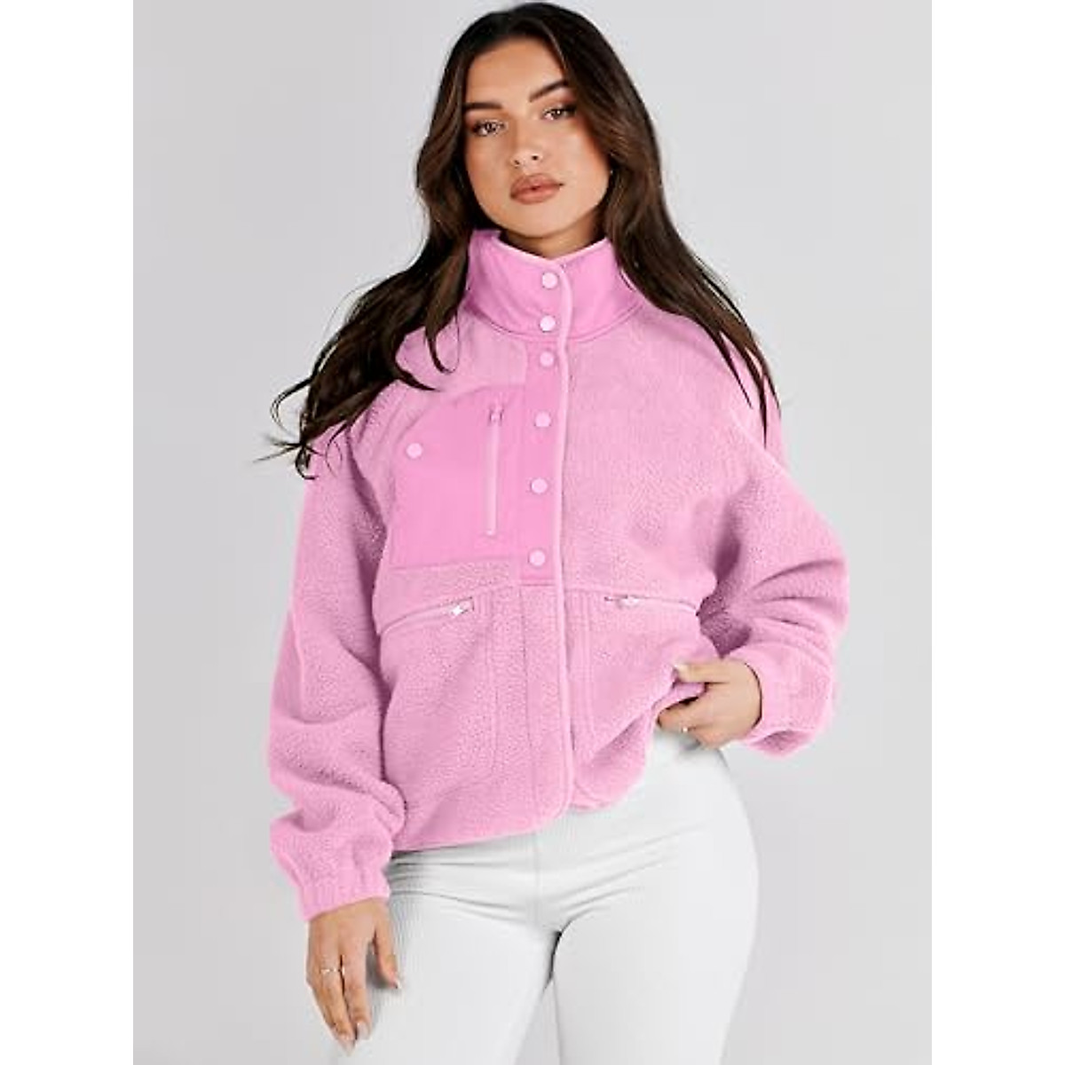 ANRABESS Womens Fuzzy Fleece Jacket Fall Casual Long Sleeve Cropped Sherpa Button Down Shacket Coats Outwear With Pockets Pink Large