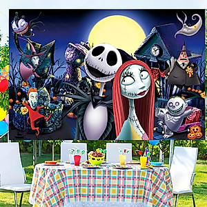 Nightmare Before Christmas Background Party Supplies, Happy Birthday Banner Backdrop for Nightmare Before Christmas Halloween Decorations (5x3ft)