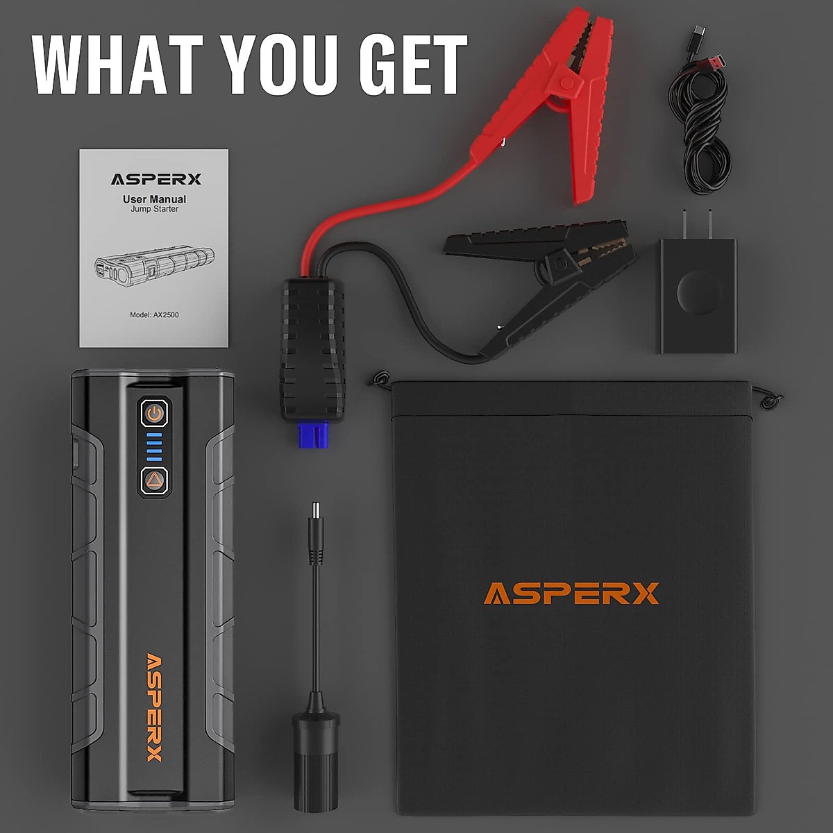 ASPERX AX2500 Car Jump Starter, 2500A Peak Battery Starter for 10L Gas or 7.3L Diesel Engines, 12V Auto Battery Booster, Lithium Jump Box with USB QC3.0, Jump Pack with Built-in LED Light