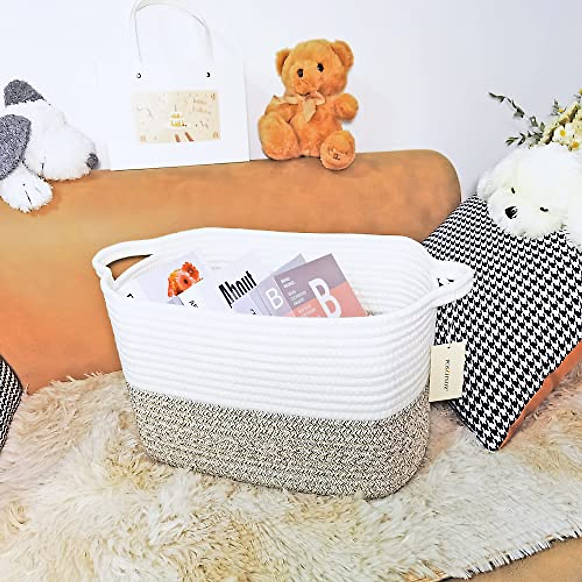 Storage Baskets 2 Pack, Woven Rope Baskets, Toy Storage, Gift Baskets empty, Baskets on Shelves, Blanket Baskets for Nursery, Laundry, Towels, Closets, Electronics, Cosmetics, Books, Toys, Brown/White.