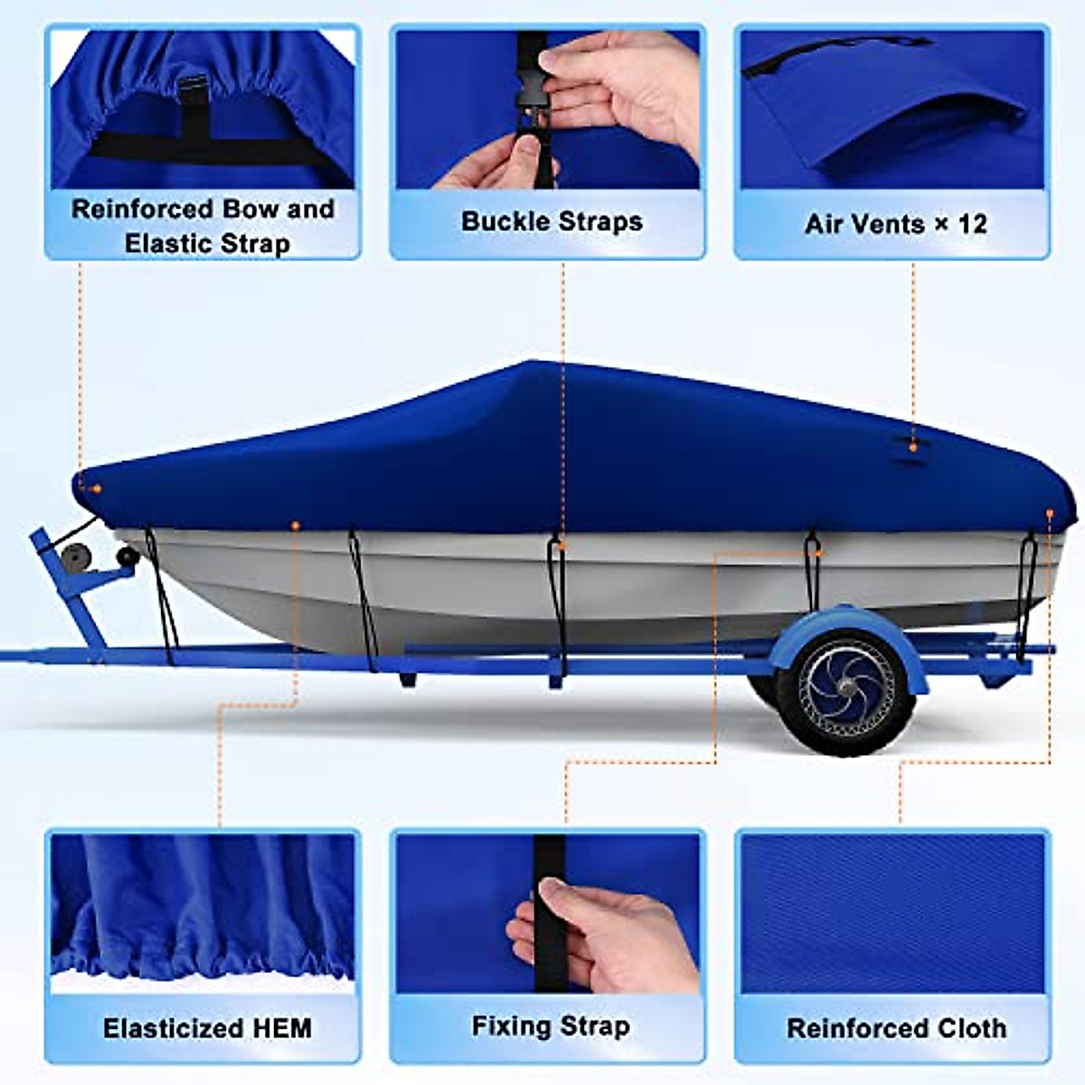 Vigorvan Heavy Duty Marine Grade Boat Cover, 12'-14' Trailerable, Fits V-Hull, Tri-Hull, Fishing, Runabout, Bass, Ski Boats, Waterproof, Anti-UV & Windproof, Blue