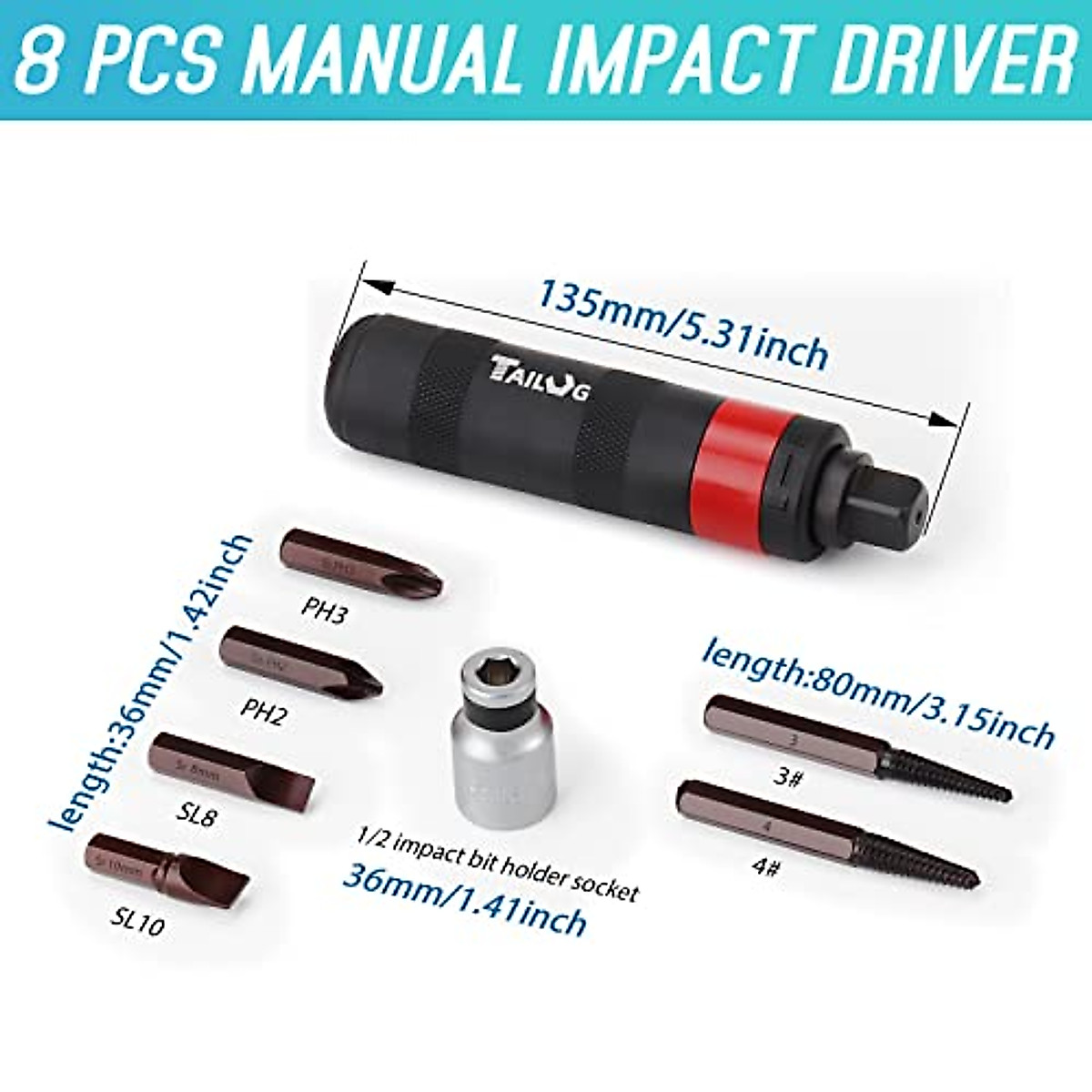 TAILUG 1/2" Hand Manual Reversible Impact Driver, 8 PCS Impact Screwdriver S2 Steel, Rusted Fasteners or Frozen Bolts Manual Impact Driver