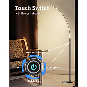 TACAHE Arc Corner Floor Lamp - 3000K Warm White & 3 Brightness Presets - Curved LED Accent Lamp with Touch Switch - 63" Modern Standing Lamp for Bedroom, Living Room - 12W - Black