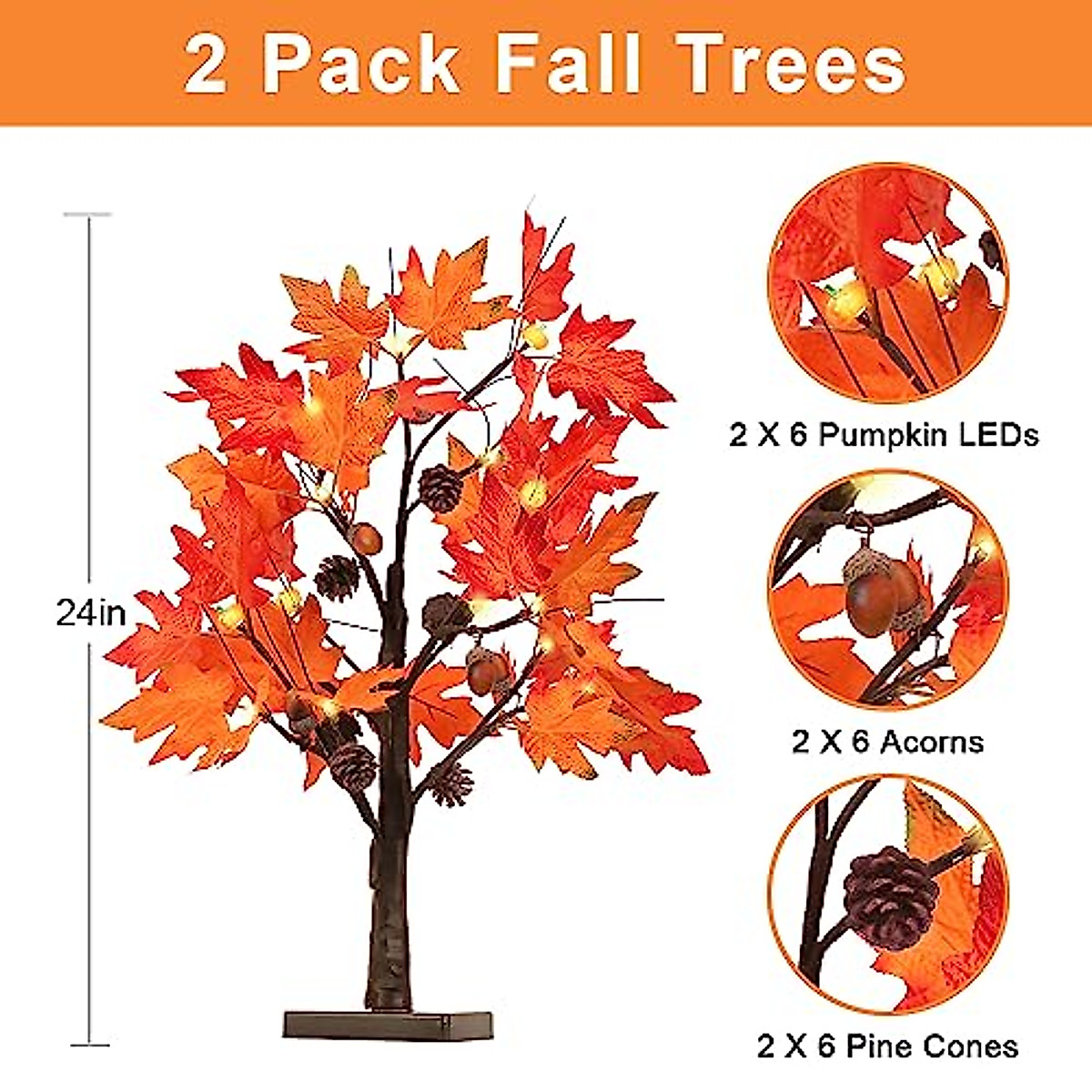 YEAHOME Fall Decorations for Home, 2 Pack 24”/2FT Lighted Fall Maple Leaves Tree with Warm White LEDs Autumn Decor, Pumpkin Lampshade, Pine Cone, Acorn Ornaments Battery Powered Timer for Thanksgiving